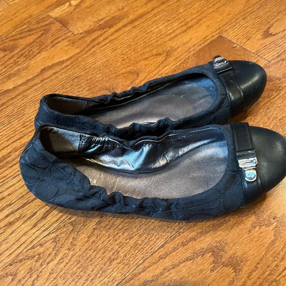 Coach | Shoes | Coach Black Delphine Buckle Leatherjacquard Flats Size ...